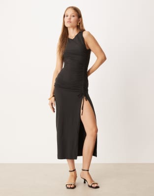 Pimkie side slit ruched side bodycon midaxi dress in black | ASOS