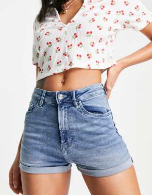 Pimkie turn up high waisted denim shorts in light blue | ASOS
