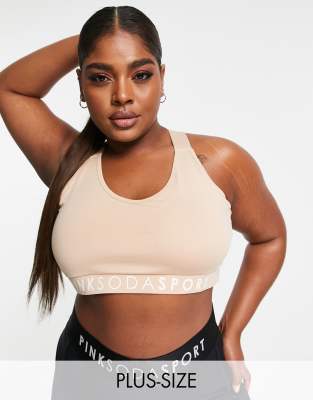 Pink Soda Sport Plus cross back logo sports bra in biscuit | ASOS