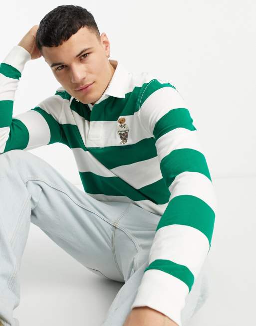 Polo Ralph Lauren bear logo stripe rugby polo custom fit in green/white ...