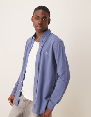 Polo Ralph Lauren - Blå skjorte med ikonlogo i piqué-mesh | ASOS