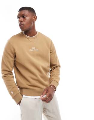 Polo Ralph Lauren central script logo double knit sweatshirt in tan | ASOS