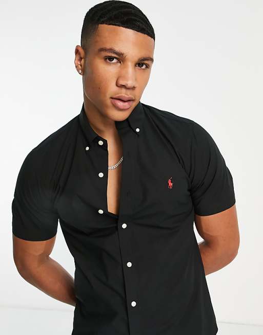 Polo Ralph Lauren - Chemise ajustée en popeline à manches courtes avec ... Polo Ralph Lauren - Chemise ajustée en popeline à manches courtes avec ...