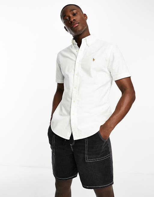 Polo Ralph Lauren - Chemise Oxford coupe ajustée à manches courtes et ... Polo Ralph Lauren - Chemise Oxford coupe ajustée à manches courtes et ...