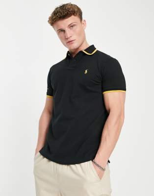 Polo Ralph Lauren gold icon tipped pique polo custom fit in black | ASOS