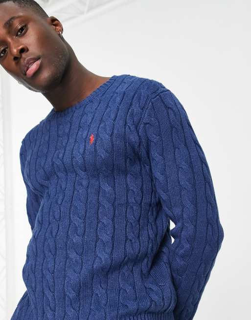 Polo Ralph Lauren icon logo cable cotton knit sweater in navy heather | ASOS