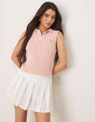 Polo Ralph Lauren icon logo cable knit polo singlet in pink | ASOS