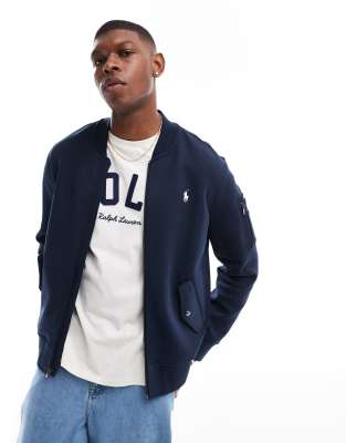 Polo Ralph Lauren icon logo double knit sweat bomber jacket in navy | ASOS