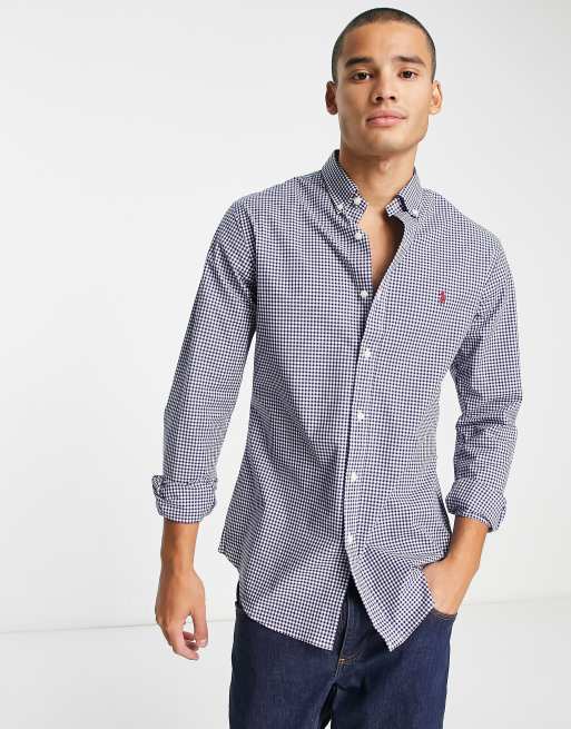 Polo Ralph Lauren icon logo slim fit gingham poplin shirt in navy/white ...