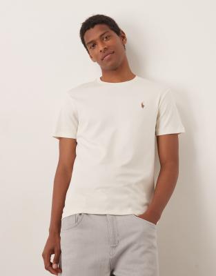 Polo Ralph Lauren - T-shirt in cotone pima color crema con logo a icona ...