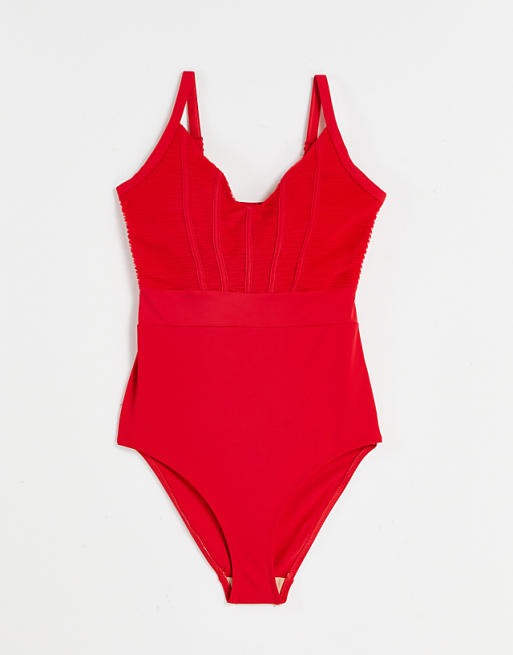 Pour Moi Fuller Bust Ruched pleated control swimsuit in red | ASOS Pour Moi Fuller Bust Ruched pleated control swimsuit in red | ASOS
