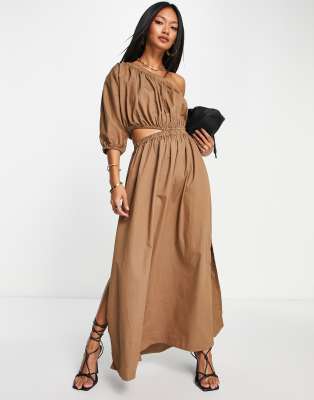 Pretty Lavish asymmetric cut out smock midaxi dress in brown | ASOS