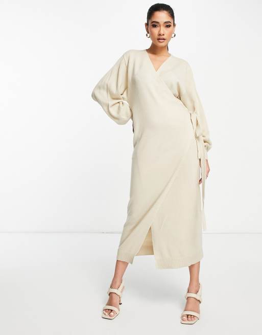 Pretty Lavish Beau Wrap Knit Dress With Tie Waist In Beige Asos