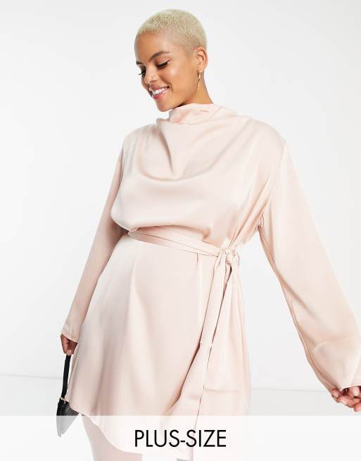 Pretty Lavish Curve Cowl Neck Tie Waist Satin Mini Dress In Blush Pink