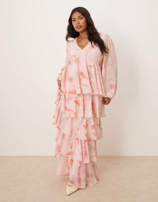 Pretty Lavish - Curve - Maxi-jurk met ballonmouwen en ruches in roze en bruin | ASOS