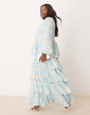 Pretty Lavish Curve - Maxi jurk met ruches in blauw met bloemenprint | ASOS