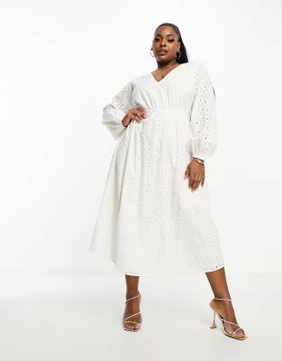 Pretty Lavish Curve - Robe longueur mollet en broderie anglaise avec découpes - Blanc | ASOS