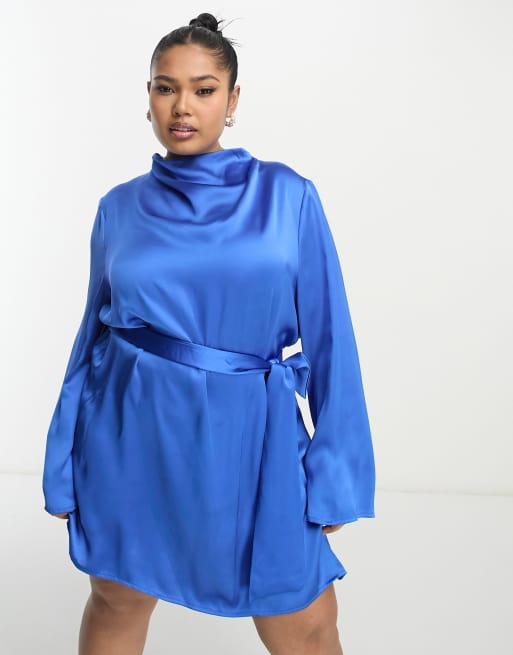 Pretty Lavish Curve Tie Waist Satin Mini Dress In Cobalt Blue Asos