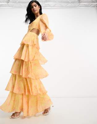 Pretty Lavish Cut-out Tiered Maxi Dress In Abstract Spot-yellow | ModeSens