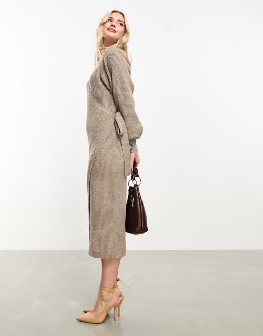 Pretty Lavish Fluffy Wrap Knitted Midi Dress In Mushroom Asos