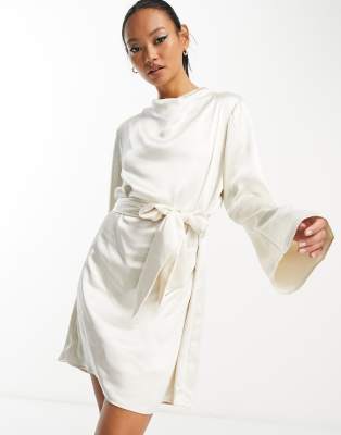 Pretty Lavish Jayda tie waist satin mini dress in oyster | ASOS