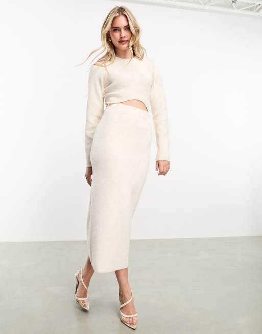 Pretty Lavish Long Sleeve Knitted Midi Dress In Ecru Asos