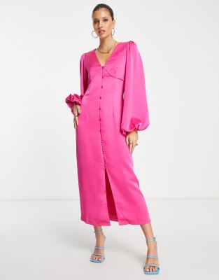 Pretty Lavish - Satijnen maxi-jurk met ballonmouwen in millennial-roze ...