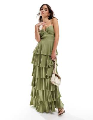 Pretty Lavish - Vestito lungo a balze verde muschio con anello color ...