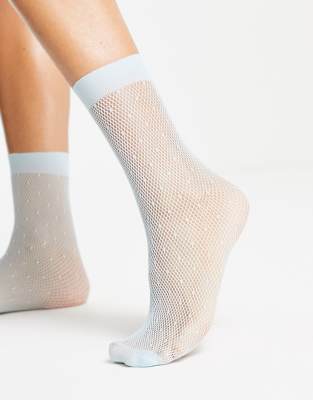 Pretty Polly micro fishnet spot ankle socks in aqua | ASOS