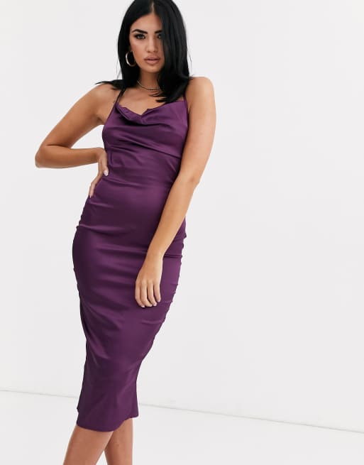 Prettylittlething Robe Mi Longue En Satin à Col Bénitier Violet Asos