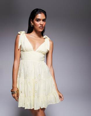 Princess Polly broderie tie shoulder plunge tiered mini dress in lemon ...