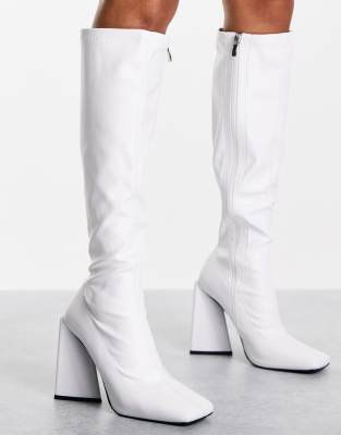 Public Desire Peggy Flare Heel Knee Boots In White | ModeSens