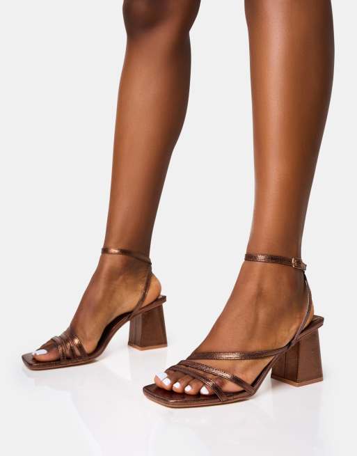 Public Desire Robin strappy mid block heels in bronze | ASOS