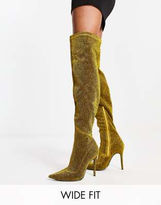 Public Desire Wide Fit Dasha over the knee boots in gold glitter | ASOS