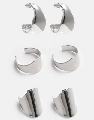 Pull&Bear 3 ear cuffs and hoop earrings pack in silver | ASOS