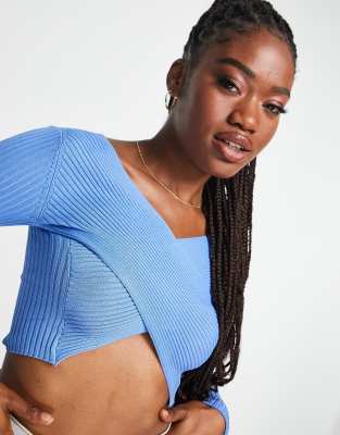Pull&Bear bandage front cropped long sleeve knitted top in blue | ASOS