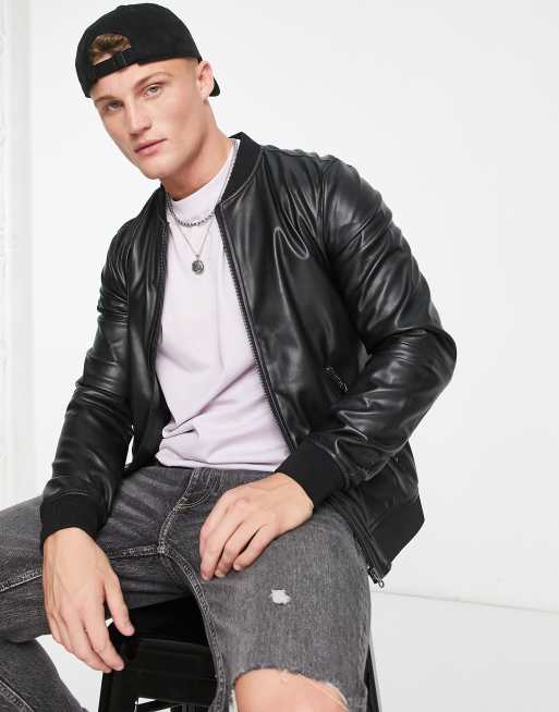 Pull&Bear bomber jacket in black faux leather | ASOS