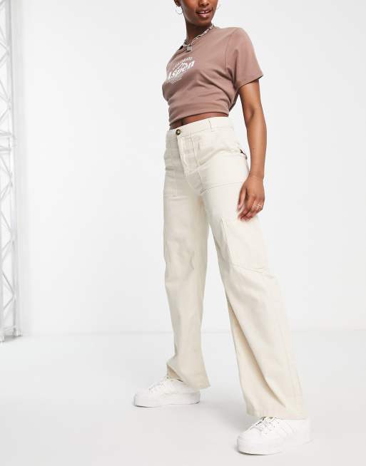 Pull&Bear - Cargobroek met rechte pijpen en hoge taille in ecru | ASOS