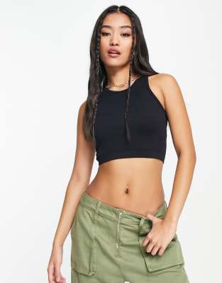 Pull&Bear - Crop top d'ensemble côtelé sans coutures - Noir | ASOS
