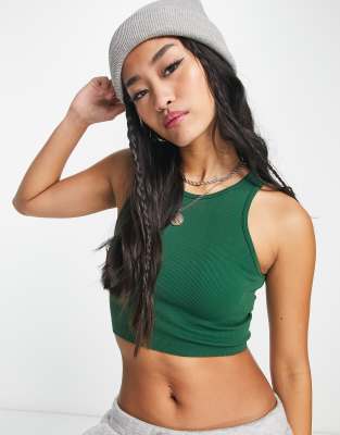 Pull&Bear - Crop top d'ensemble côtelé sans coutures - Vert bouteille | ASOS