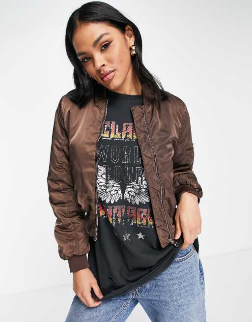 Pull&Bear cropped bomber jacket in brown | ASOS