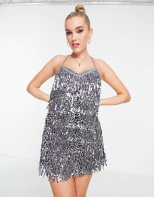 Pull&Bear exclusive disco dress with tassle detail in silver | ASOS