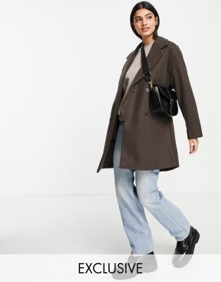 Pull&Bear Exclusive longline pea coat in brown heather | ASOS