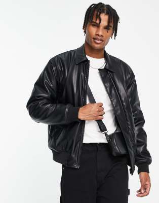 Pull&Bear Faux Leather Aviator Jacket In Black | ASOS