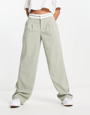 Pull&Bear fold over waistband tailored pants in sage | ASOS
