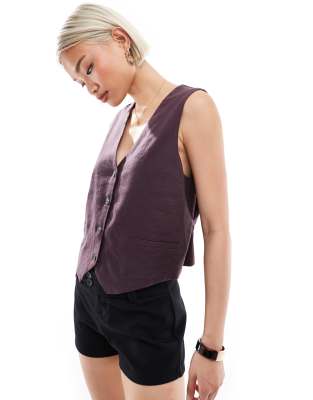 Pull&Bear - Gilet de costume en lin mélangé - Lie-de-vin | ASOS