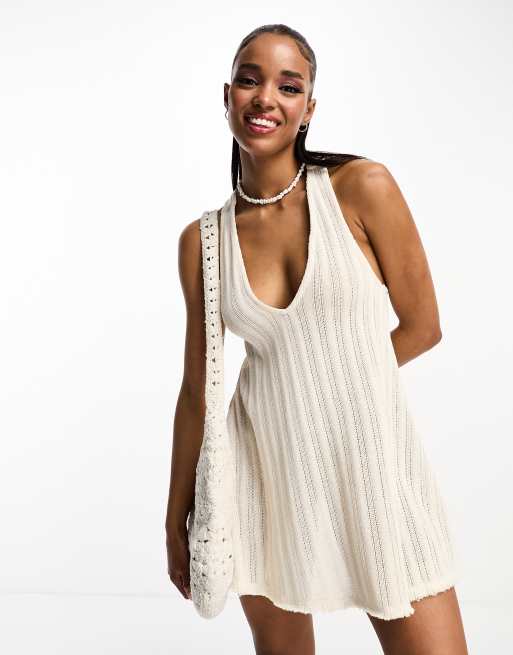 Pull&Bear - Robe courte en maille échelle nouée au dos - Sable | ASOS