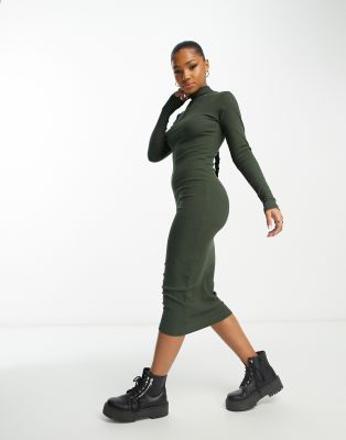 Pull&Bear - Robe mi-longue en jersey avec manches longues et col cheminée - Kaki | ASOS