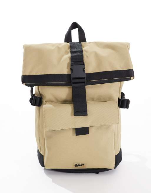 Pull&Bear roll top buckle detail backpack in tan | ASOS