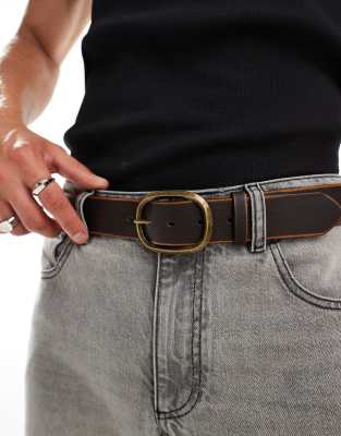 Pull&bear round gold buckle belt in brown | ASOS